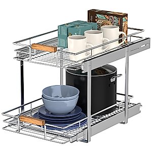 Mount Walker Individual Pull Out Cabinet Organizer(11" W x 21" D), 2 Tier Wire Basket Slide Out Shelf Storage with Wood Handle for Base Cabinet, Pull Out Shelf Drawers for Kitchen, Chrome