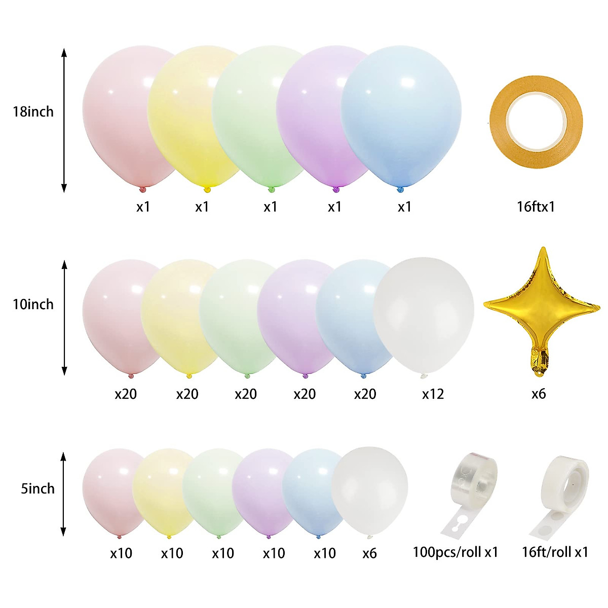 RUBFAC 182pcs Pastel Balloons Rainbow Balloon Garland Arch Kit with Star Foil Balloons for Wedding Birthday Party Supplies Easter Decorations