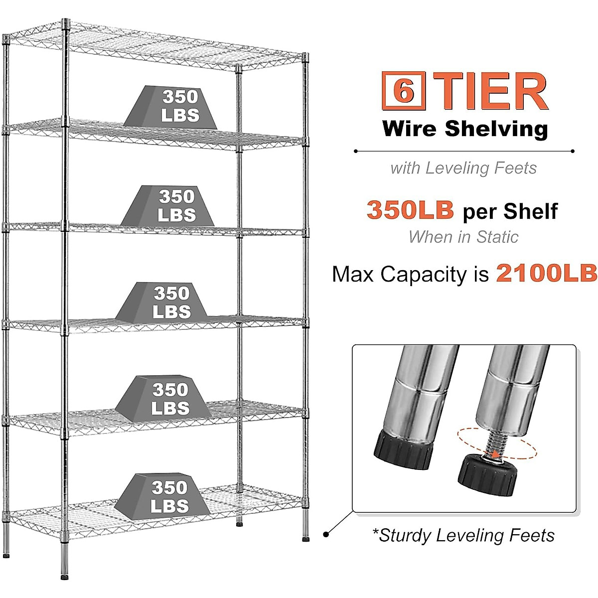 YRLLENSDAN 6-Tier Steel Storage 2100Lbs Capacity Wire Shelving W/Wheels Heavy Duty Metal Shelves Adjustable Steel Shelving Shelving Rack for Kitchens garages,18"x48"x82", Chrome