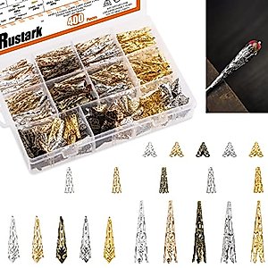 Rustark 400Pcs 5 Colors Long Flower Bead End Caps Spacers Assortment Kit Tibetan Style Hollow Bead Caps Cone Pendant Petal Spacer Beads Assorted Sizes for Jewelry Making Art Crafting