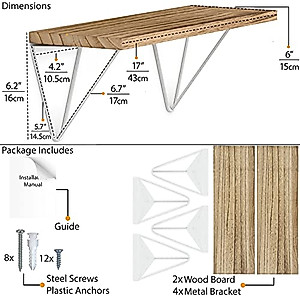 Wallniture Colmar 17"x6" Floating Shelves for Bedroom Wall Decor, Wood Wall Shelf Set of 2, Wall Bookshelf Set, Floating Shelf Natural Burnt with White Shelf Brackets