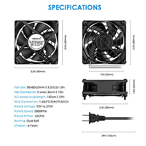 Qirssyn EC Axial Fan 80mm x 25mm 3inch AC 110V 115V 120V 220V 240V Dual Ball for Small Camper Refrigerator Projector Breaker Box Modem Stereo Receiver Cooling