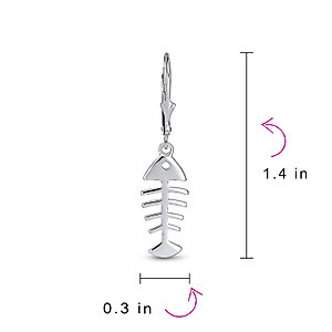 Nautical Vacation Ocean Sea Lever back Drop Dangle Skeleton Fishbone Fish Earrings For Women Teen .925 Sterling Silver