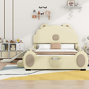 Harper & Bright Designs Full Size upholstered Platform Bed Frame for Boys Girls Kids Adults Toddler with Piglet Shape headboard and Children's Slide, Beige