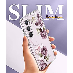GVIEWIN Case Compatible with Samsung Galaxy S23 Case, with Screen Protector + Camera Lens Protector Floral Shockproof Clear Hard PC+Soft Bumper Women Phone Cover 2023 6.1" (Cherry Blossoms/Purple)