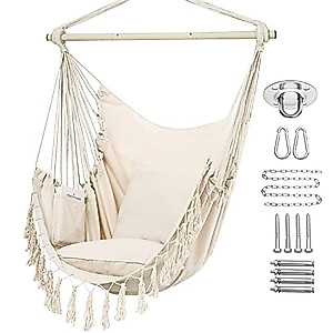 Y- STOP Hammock Chair Hanging Rope Swing, Max 500 Lbs, 2 Cushions Included, Large Macrame Hanging Chair with Pocket for Superior Comfort, with Hardware Kit, Beige