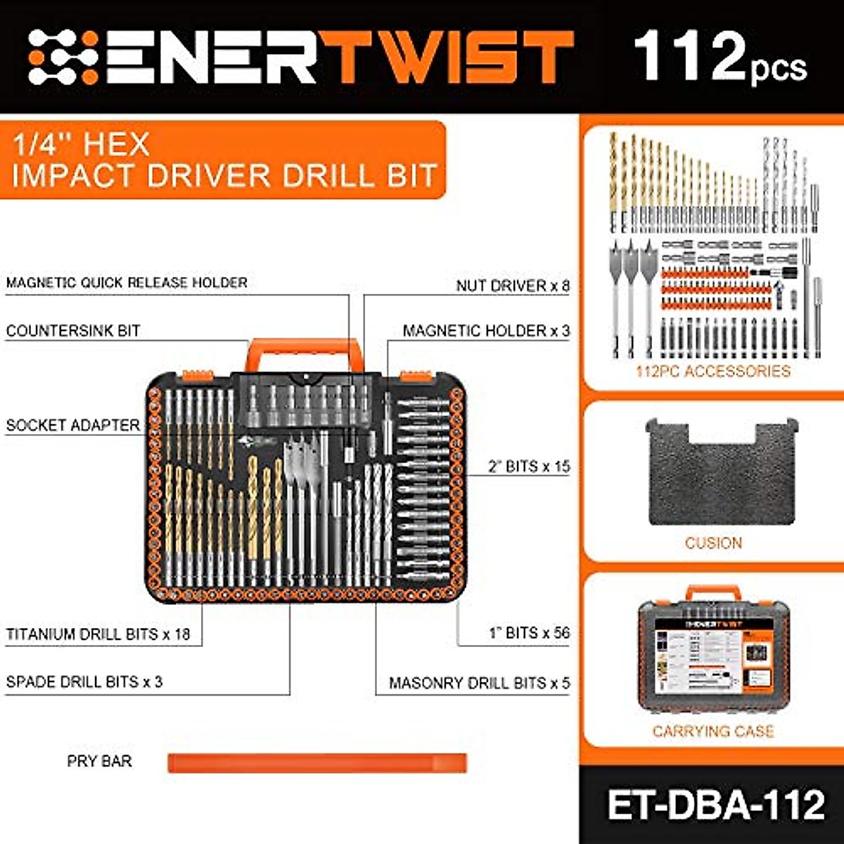 ENERTWIST Drill Bit Set, 112-Pieces 1/4" Hex Shank Impact Driver Bits and Screwdriver Bits Set Assorted in Tough Case for Wood Metal Cement Drilling and Screw Driving, ET-DBA-112