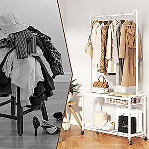 XYZLVSI 3-Tier Rolling Clothing Garment Rack for Hanging Clothes, 3-in-1, with Coat Rack, Movable Basket and 2 Storage Shelves, White