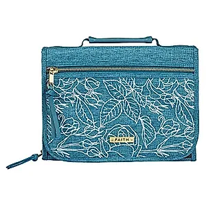Christian Art Gifts Faith Badge Floral Women's Tri-Fold Organizer Bible Cover Zipper Closure, Teal Canvas, Medium