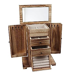 Jwinkumy Jewelry Box Wooden Rustic Large Organizer with Mirror, 4 Layer Jewelry Display Cabinet for Earring Ring Necklace Bracelet Gift for Women Girls