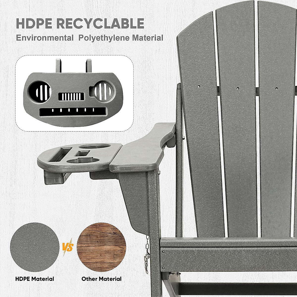 FOOWIN HDPE Folding Adirondack Chair All-Weather Resistant Adirondack Chair w/4 in 1 Cup Holder Trays, Adirondack Chairs for Outdoor, Patio, Lawn, Garden, Backyard Deck