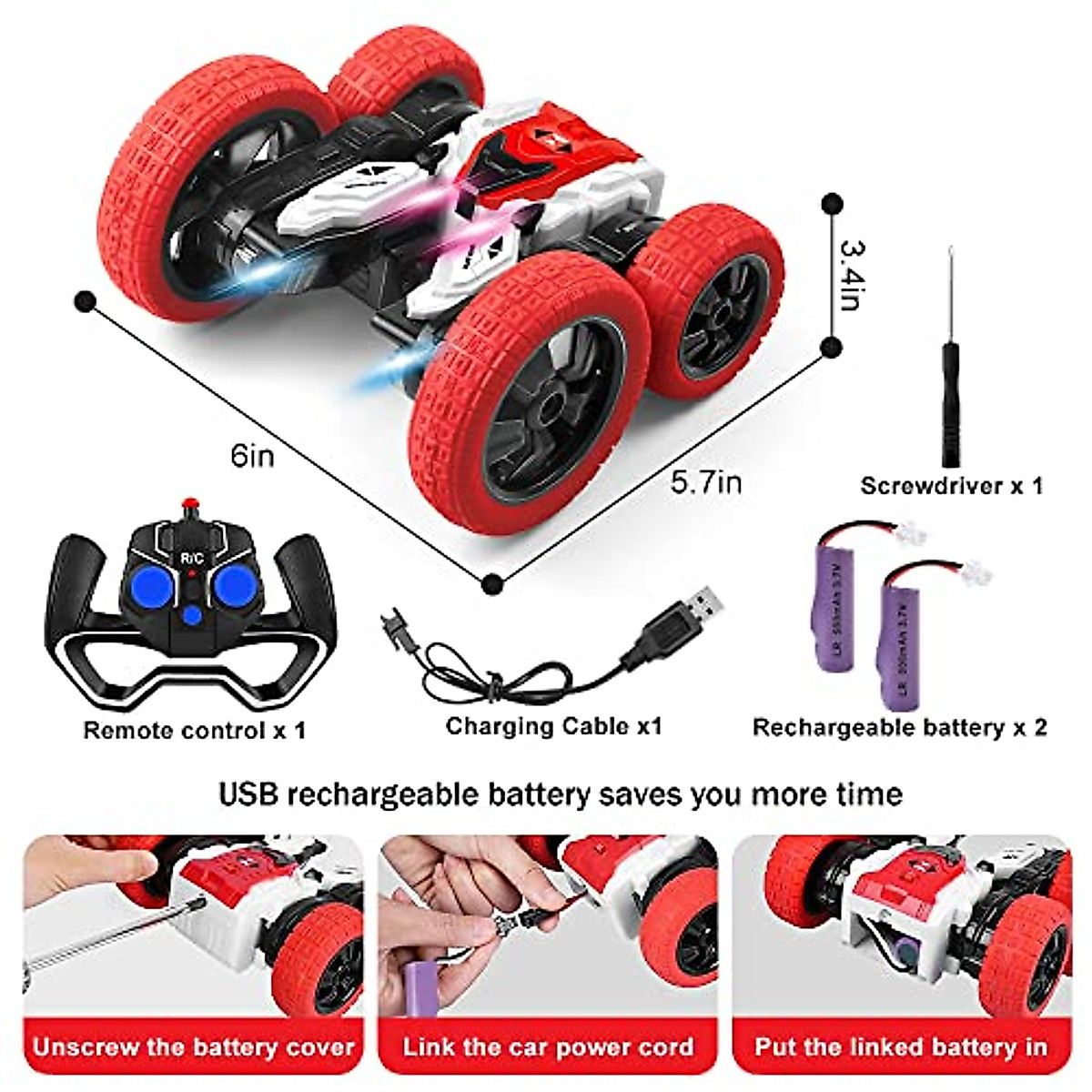 RC Stunt Car for Kids - OWNONE Double Side Remote Control Car for Boys, 360°Flips Rotating Stunt Car with LED Lights, 4WD 2.4Ghz Rechargeable Stunt Remote Control Car Toy (Red)