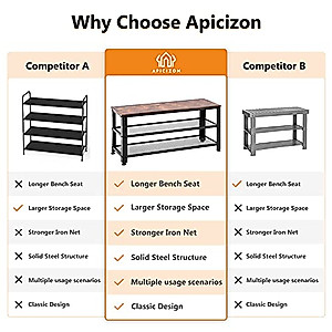 APICIZON Shoe Bench, 3-Tier 35.5 Inches Shoe Rack for Entryway with Long Seat and Metal Shelves for Garage, Industrial Steel Storage Bench for Living Room, Bedroom, Mudroom, Rustic Brown