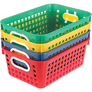 Really Good Stuff Medium Plastic Book Baskets, 11" by 7½" by 4½" - 4 Pack, Primary Colors | Versatile Storage Solution for Classroom, Home and Office l Toy Storage, Multi-Purpose Organizer Basket