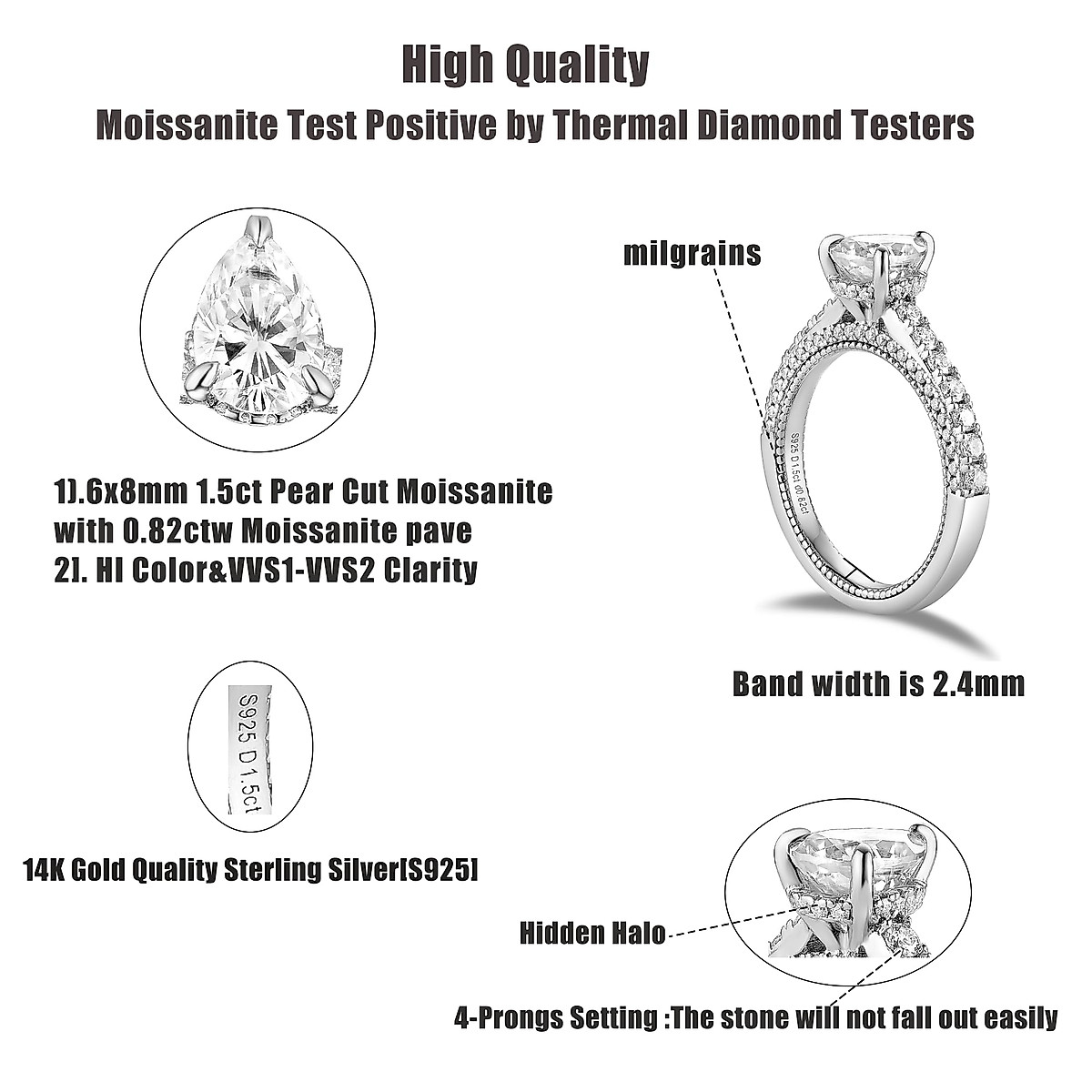 DovEggs Moissanite Engagement Rings for Women 1.5ct Center 6X8mm H-I Color Pear Cut Moissanite Lab Grown Hidden Halo Wedding Engagement Ring Solitaire 14k Gold Quality Silver with Accents Band Width