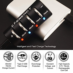 LIR2032 Rechargeable Battery Charger with High Capacity 3.7V 70mA 4pcs Button Batteries Can Replace Coin Cell Lithium ML2032