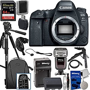 Canon EOS 6D Mark II DSLR Camera (Body Only) + Extreme Pro 64GB Memory Card, Universal Speedlite w/LED Video Light, Lightweight 60” Tripod, Spare Battery & Much More (23pc Bundle)