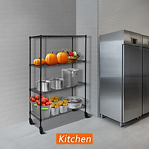 4-Shelf Adjustable Heavy Duty Storage Shelving Unit on 4 Wheel Casters, Metal Organizer Wire Rack for Laundry Bathroom Kitchen Pantry Closet, Black