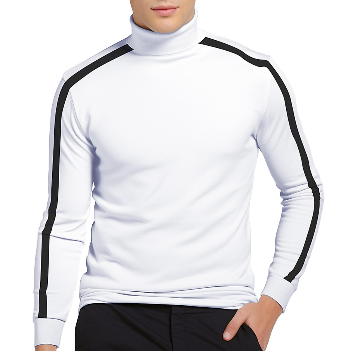 URBAN BUCK Men Turtleneck Long Sleeve Striped Shirt Ribbed Knitted White Turtle Neck Kosco Pullover Sweater (M)