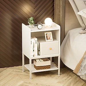 Gannyfer Nightstand with Charging Station,Night Stand with USB Ports and Storage Drawer,Modern 3-Tier End Side Table,Small Wood Bedside Table for Bedroom,Living Room,White