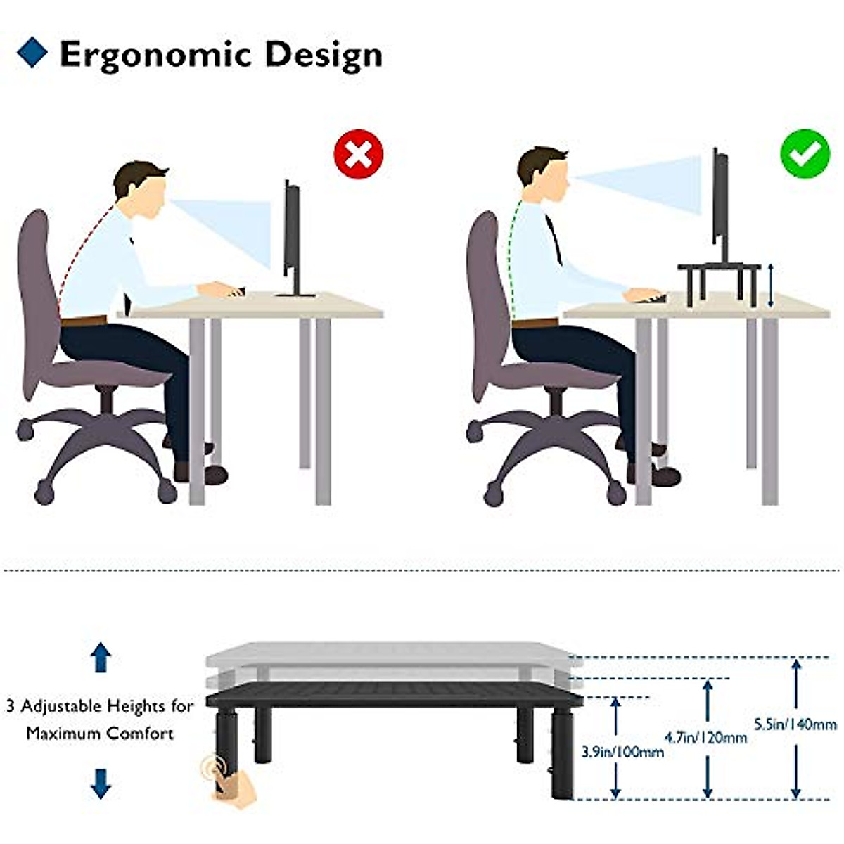 BONTEC 2 Pack Monitor Stand Riser, 3 Height Adjustable Monitor Stand with Pen Holder, Ergonomic Metal Laptop Stand with Cable Management, Great Computer Stand for Laptop, iMac, PC, Printer, 14.5 in