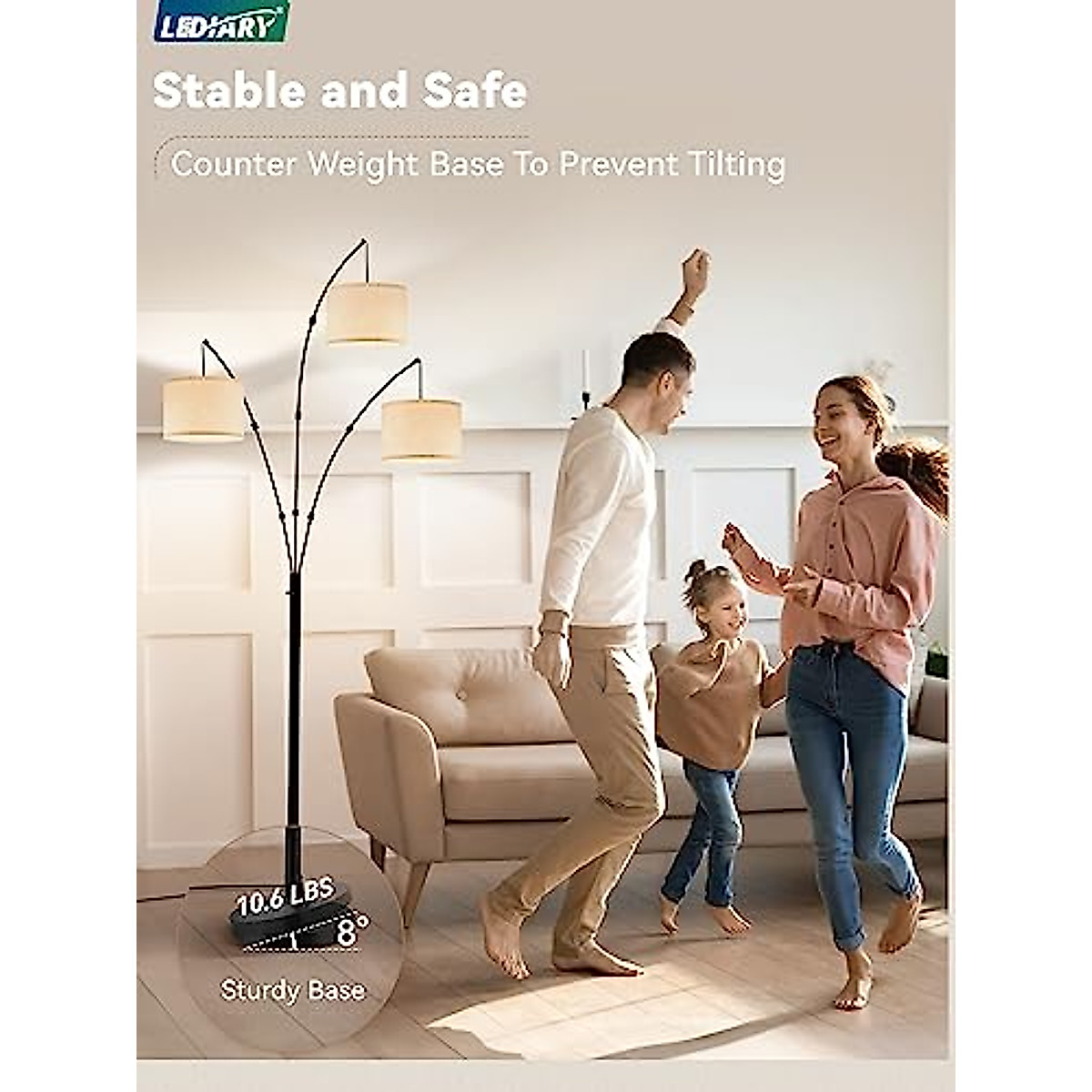 LEDIARY 3 Light Arc Floor Lamp, 82.7" Modern Black Floor Lamp for Living Room, 2400LM Tall Standing Lamp, Mid Century Tree Floor Lamp for Bedroom Office, 3 LED Bulbs Included