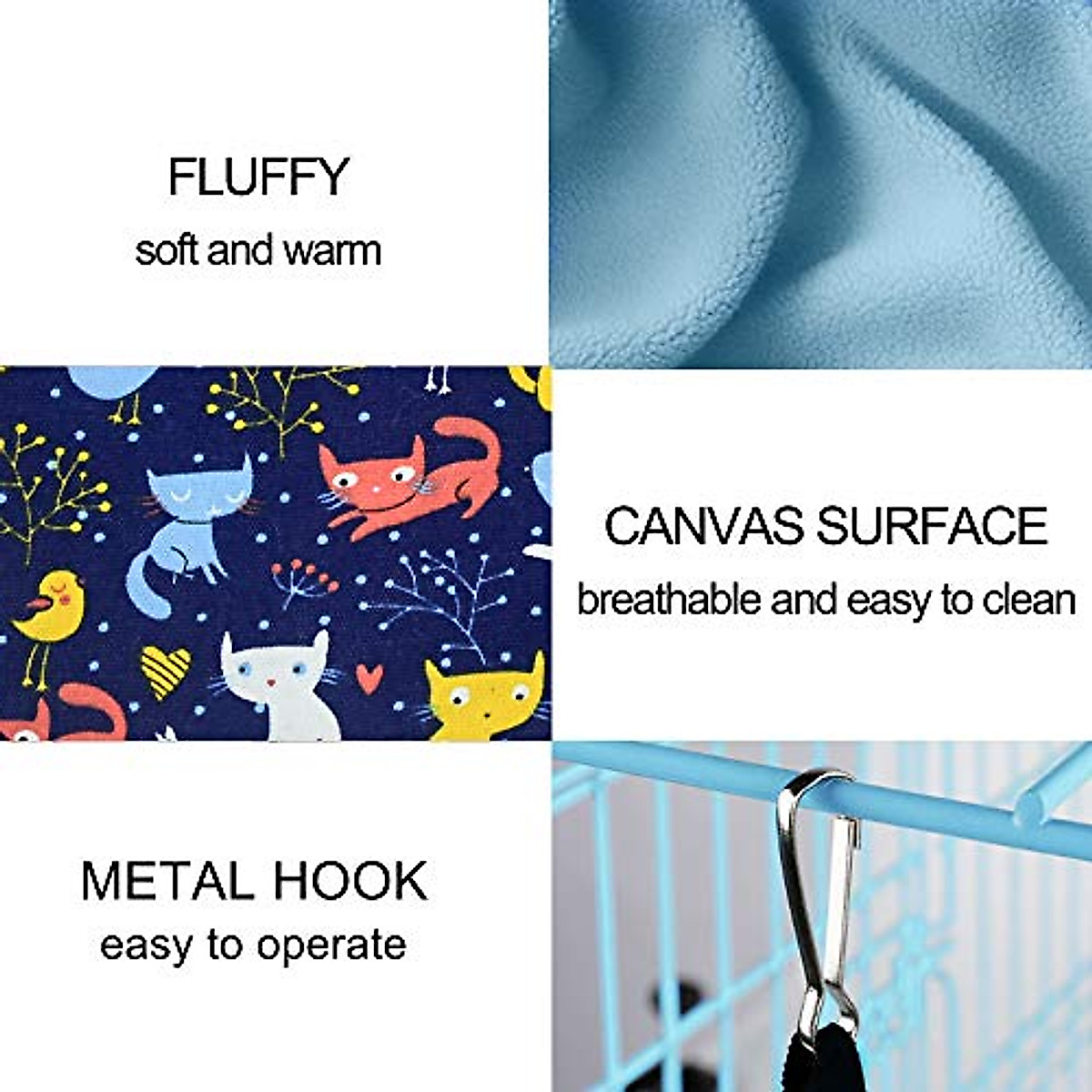 Small Animal Hanging Hammock Pet Swinging Bed 3 Tier Sleep Nap Sack Cage Accessories Kit Set Tunnel Ferret Rat Cave Sugar Glider Hideouts Warm Bedding for Squirrel Guinea Pig (Bluecat Pattern)