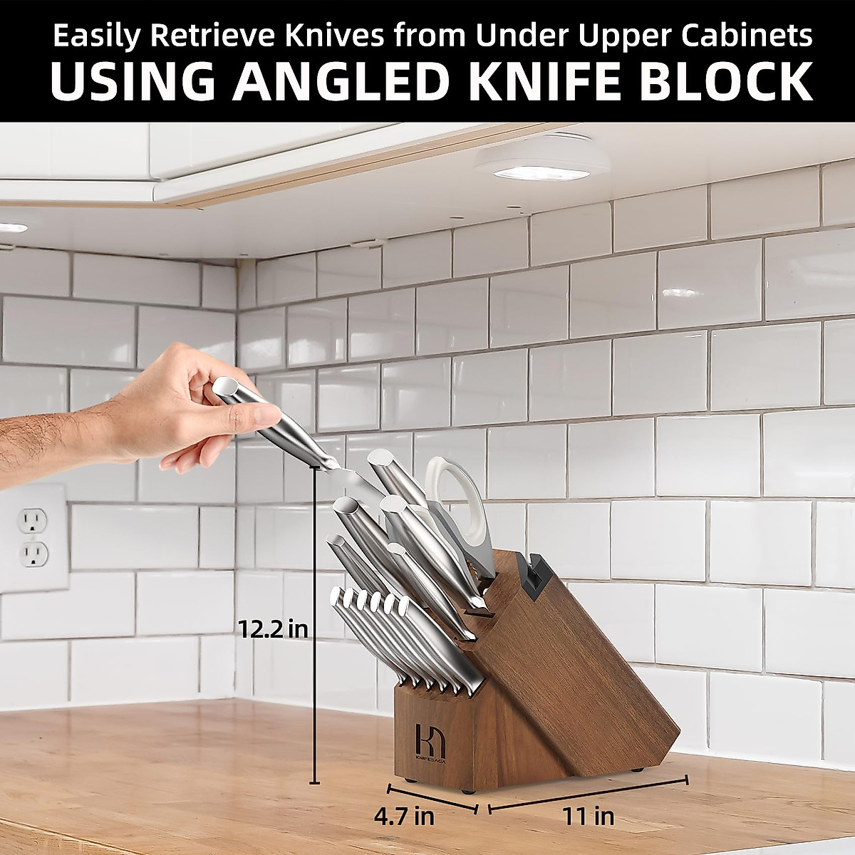 KnifeSaga 2024 Upgraded Knife Set 14 Piece Premium Japanese High Carbon Stainless Steel Kitchen Knife Block Sets with Built-in Sharpener, Razor Sharp Knives Set for Kitchen, Angled Acacia Wood Block