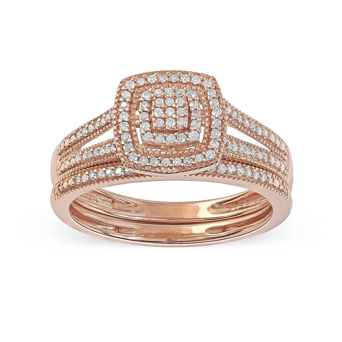 DZON Sterling Silver with Rose Gold Plating 1/4CT TDW Round Diamond Split Shank Cushion Cluster Halo Wedding Ring Sets Love Gift for Women (I-J,I2)