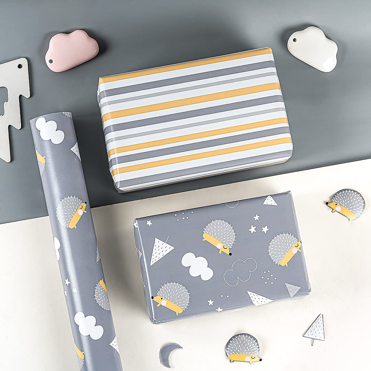 WRAPAHOLIC Reversible Baby Shower Wrapping Paper - Mini Roll - 17 Inch X 33 Feet - Cute Hedgehogs and Stripes Design for Birthday, Holiday, Party