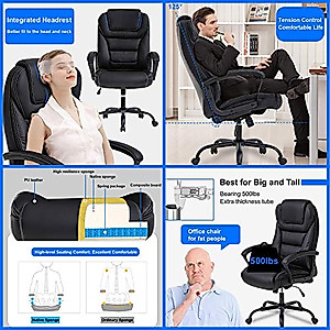 500lbs Big & Tall Task Office Chair, Wide Seat Desk Chair with Massage Lumbar Support Armrest Swivel Rolling High Back Leather Adjustable Ergonomic Computer Chair for Managerial Executive Chairs Black