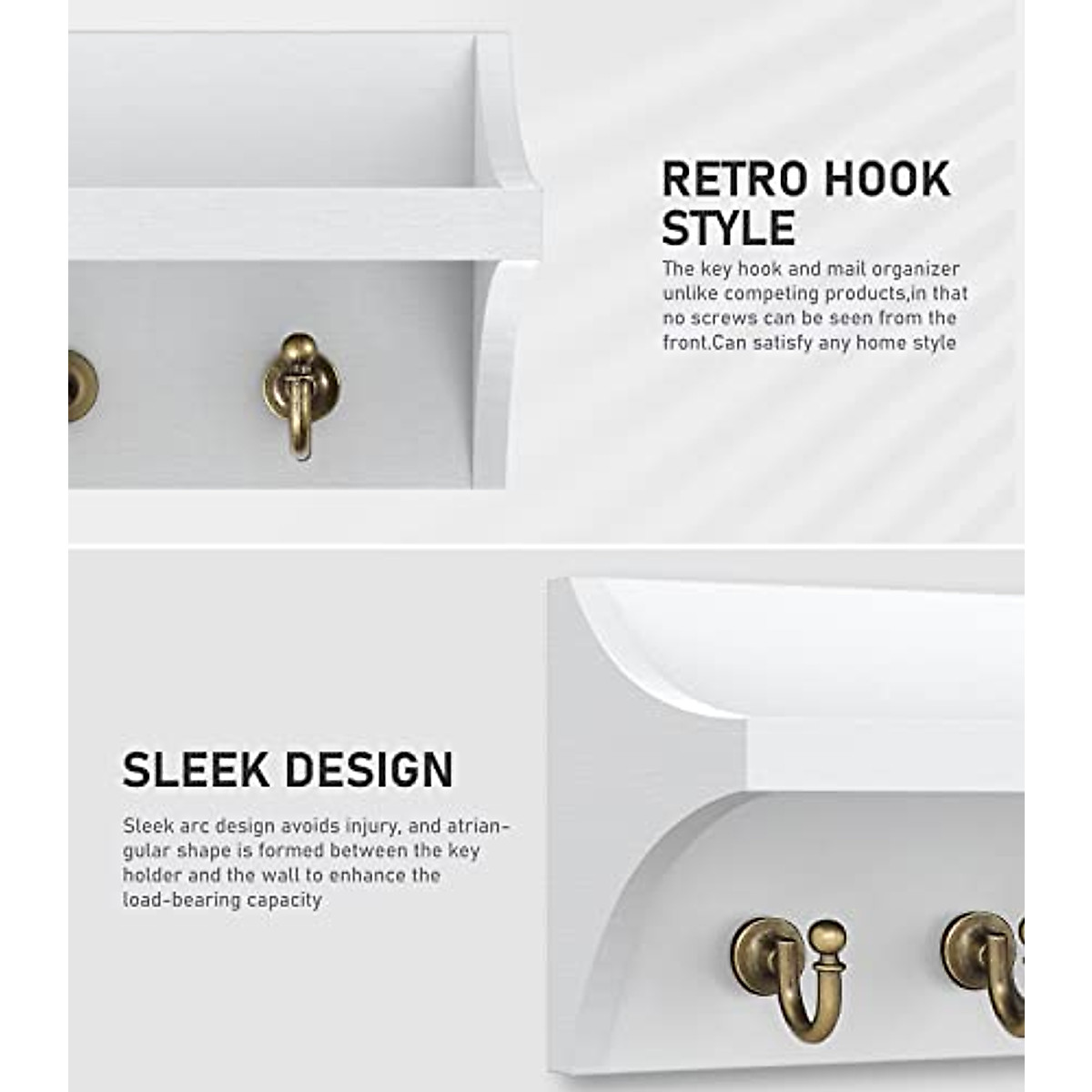 buways Key Holder for Wall-Farmhouse Key and Mail Holder for Wall with 5 Rustic Key Hooks,Wall Key Holder Rack with Shelf Décor for House Entryway（White