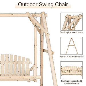 VINGLI Heavy Duty 880 LBS Wooden Patio Porch Swing with A-Frame Stand, Hanging Swing Bench Chair with Frame for Outside, Yard, Garden (Natural)