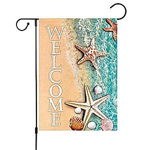 Louise Maelys Welcome Spring Summer Beach Garden Flag for Outside 12x18 Double Sided Vertical, Burlap Small Summer Starfish and Seashell Lake Garden Yard House Flags Seasonal Summer Outdoor Decoration (ONLY FLAG)