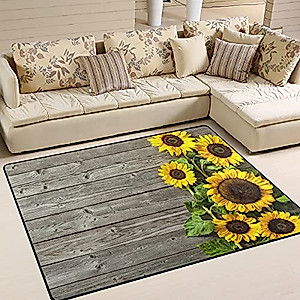 ALAZA Yellow Floral Sunflower Wooden Non Slip Area Rug 5' x 7' for Living Dinning Room Bedroom Kitchen Hallway Office Modern Home Decorative