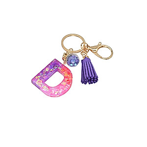 COLORFUL BLING Initial Letter A-Z Keychain Glitter Alphabet Keyring with Purple Tassel for Purse Handbag-D