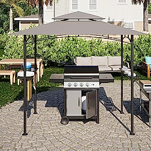 voqoomkl 8 x 5 Grill Gazebo Canopy, Double Tiered Outdoor Grill Gazebo with Shelves and Hooks, Sturdy Steel Frame BBQ Gazebo Canopy, UV Resistant & Waterproof, Gray