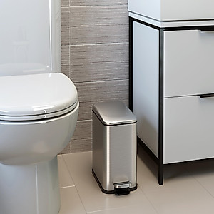 iTouchless SoftStep 1.3 Gallon Slim Bathroom Trash Can with Odor Filter and Removable Inner Bucket, Stainless Steel, 5 Liter Small Garbage Step Bin, Bathroom, Bedroom, Business, Home, Office Cubicle