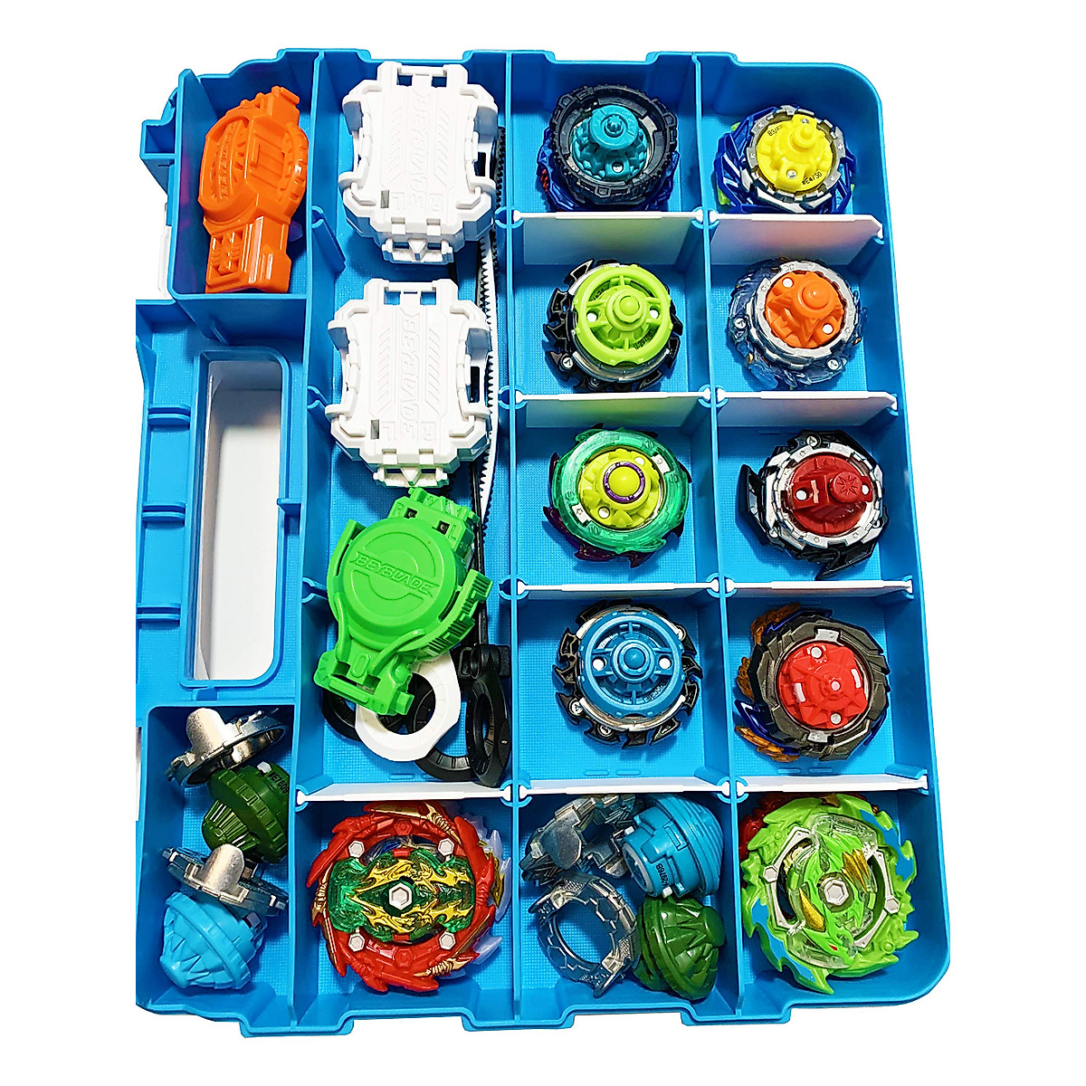 HOME4 Double Sided No BPA Toy Display Storage Container Box - Compatible with Mini Toys, Small Dolls, Tools Beyblade - Heavy Duty Organizer Carrying Case - 34 Adjustable Compartments (Blue)