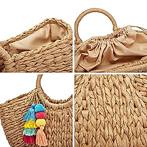 Women Straw Bag Large Woven Tote Bag with Pendant Round Handle Tote Retro Purse Hobo Summer Beach Handbag