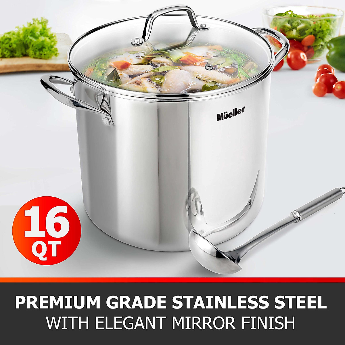 16QT UltraClad Tri-Ply Stainless Steel Cooking Stock Pot with Lid and Ladle, Large Pot Capacity for Soup, Broth, Chili, Casserole, Stew, Induction, Oven and Dishwasher Safe Pot