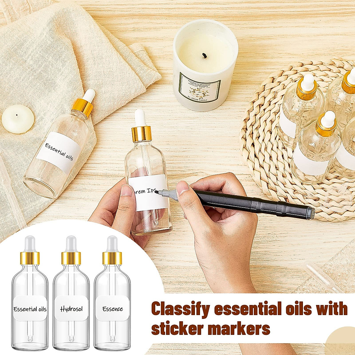 Tessco 20 Pack Dropper Bottles 3.4 oz Empty Glass Bottles with Dropper Top Cap, 4 Plastic Eye Droppers Measured Pipettes, 4 Funnels, 2 Sheets Label Stickers for Oils Perfume(Amber)