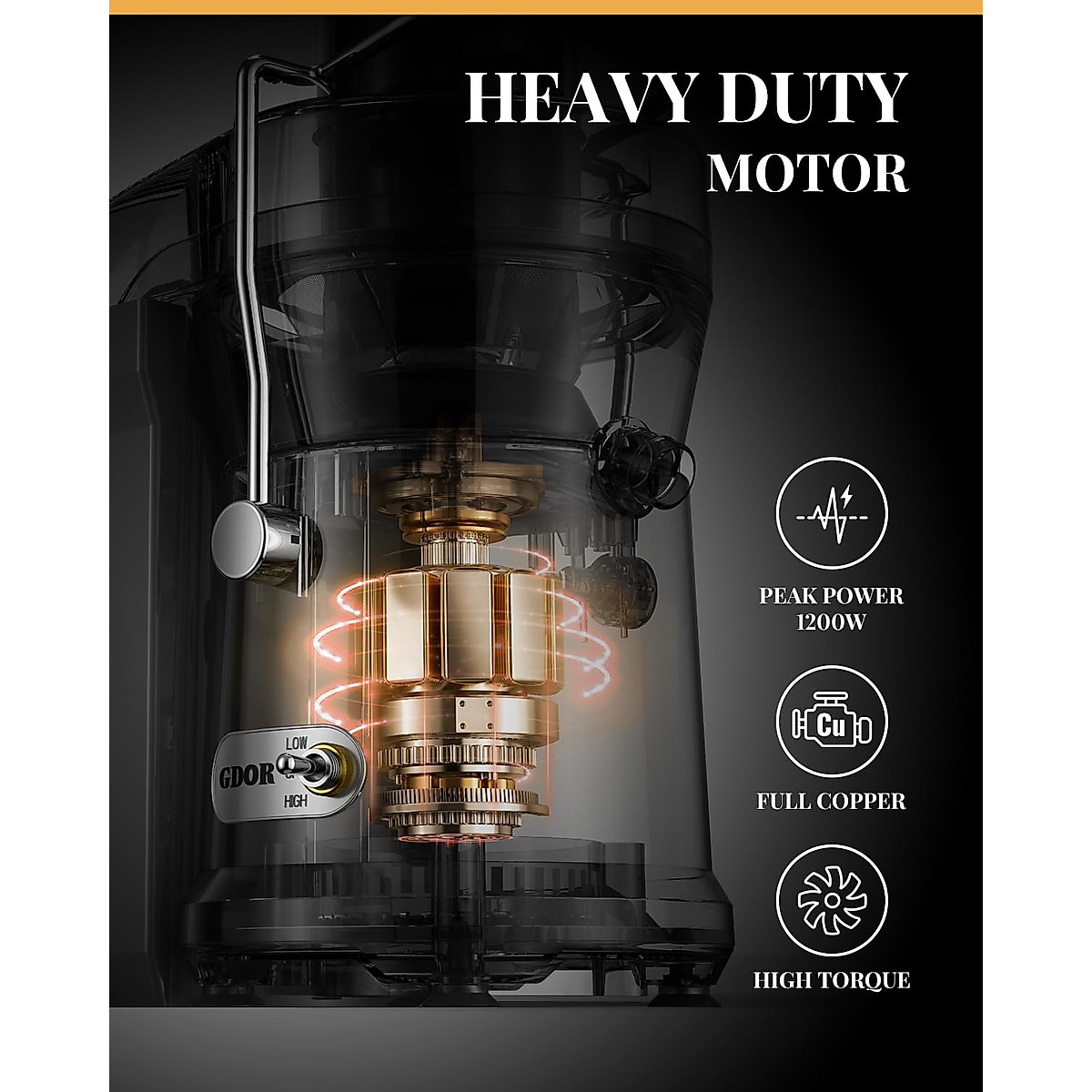 GDOR 1200W Juicer with Larger 3.2" Feed Chute, Titanium Enhanced Cutting System, Centrifugal Juice Extractor Maker with Heavy Duty Full Copper Motor, Dual Speeds, BPA-Free, Gun Grey