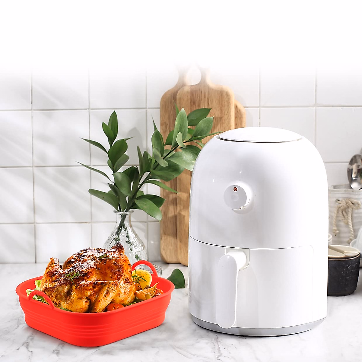 2Pcs Foldable Air Fryer Silicone Liner with Heat Resistant Glove - Reusable Silicone Pot, Food Grade Silicone Basket, Oven Accessory Non-Stick Baking Tray for 5.8-8 QT Air Fryer, 8.5 Inch Large