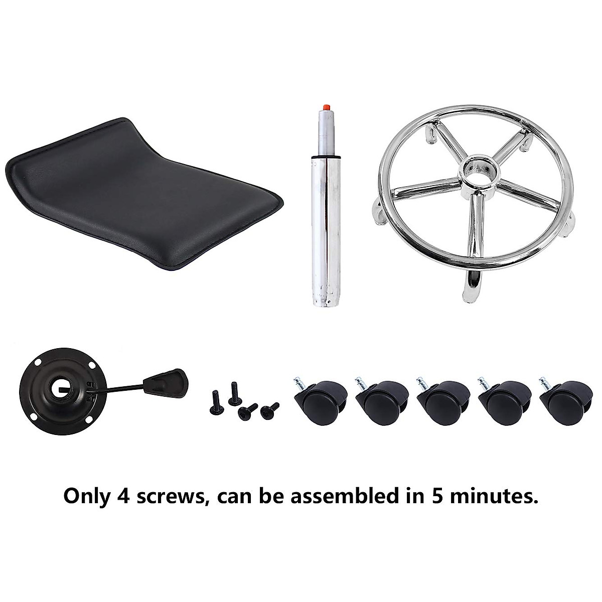 KKTONER Square Height Adjustable Rolling Stool with Foot Rest PU Leather Seat Cushion Spa Drafting Salon Tattoo Work Swivel Office Stools Task Chair Small (Black)