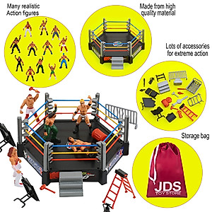 JDS Toy Store 32-Piece Mini Wrestling Playset with Action Figures and Accessories - Kids Toy with Realistic Wrestlers - 2 Rings Included