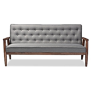 Baxton Studio Sorrento Mid-Century Retro Modern Fabric Upholstered Wooden 3-Seater Sofa, Grey 70.59 x 29.45 x 32.96