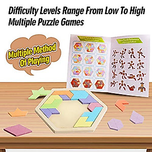 Wooden Hexagon Puzzle for Kid Adults Wooden Blocks Puzzle Brain Teasers Toy Shape Pattern Blocks Tangram Puzzles Games Family Portable Montessori Educational Gift for All Ages Children Challenge