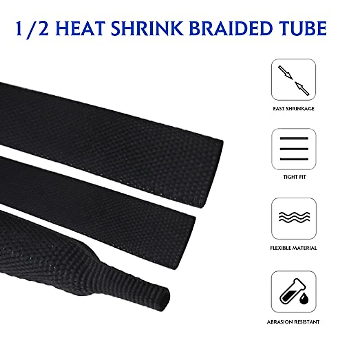 1" 5FT Heat Shrink Braided Tubing, 2:1 Ratio Shrinkable Fabric Sleeve, Tear-Resistant for Protection Automotive Cable Marine Mechanical Wires Abrasion