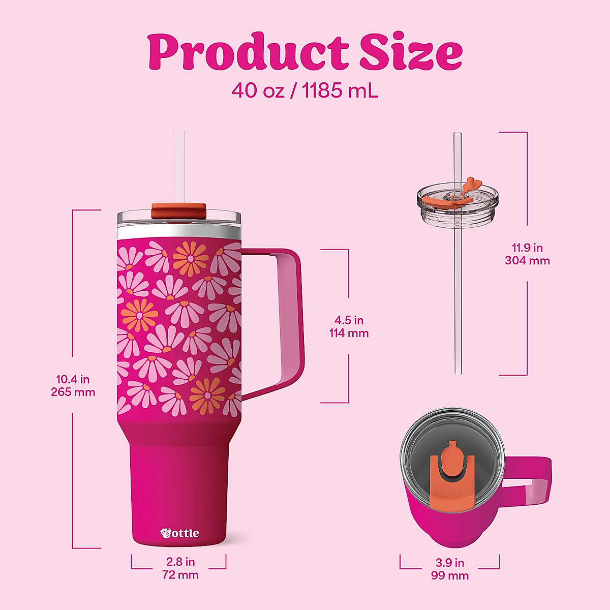 Ottle Deep Sea Diver 40 oz Insulated Tumbler with Handle and Straw Lid - Leak Proof, Cupholder Friendly Travel Mug - Stainless Steel Double Wall Water Bottle for Hot and Cold Drinks - Petal Plethora